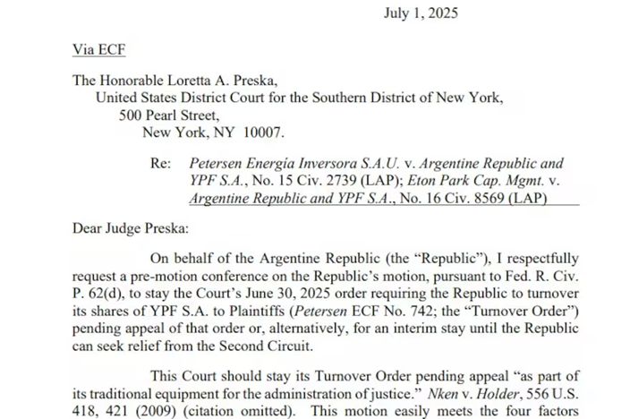 Caso YPF: el Gobierno presentó un escrito ante la justicia de EE.UU. para frenar el fallo de ...